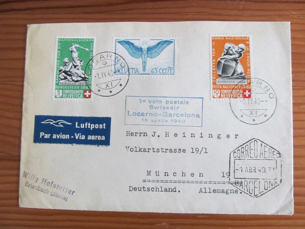 SWISSAIR-FLUGPOST1940, LOCARNO-BARCELONA (Gebraucht) in Emmenbrücke für CHF 8 – mit Lieferung ...