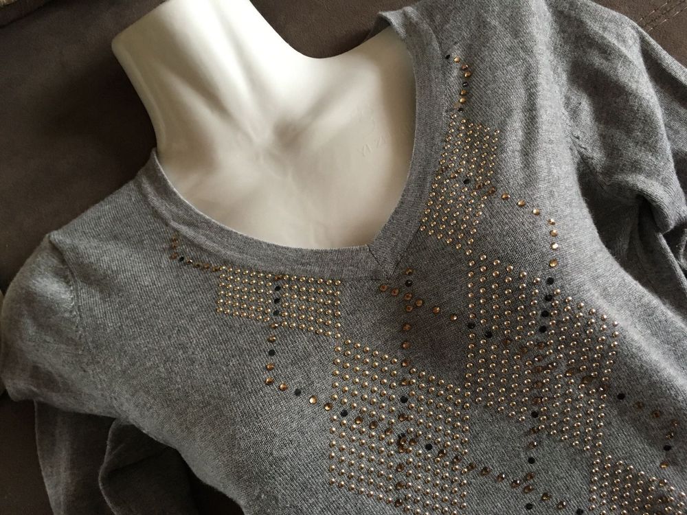 Pull Long mailles fines élasthan gris chiné strass TU | Kaufen auf Ricardo