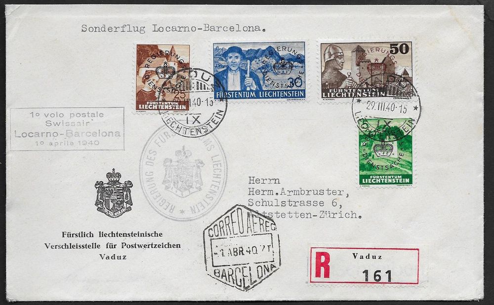 1940 Brief Flug VADUZ-Locarno-BARCELONA frank. selten ab 1.- (Gebraucht) in Zürich für CHF 8 ...