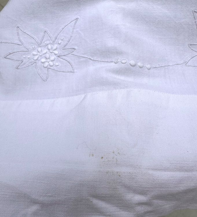 🟢 Ancien drap brodé JM / Altes besticktes Edelweiss-Tuch JM (Gebraucht ...