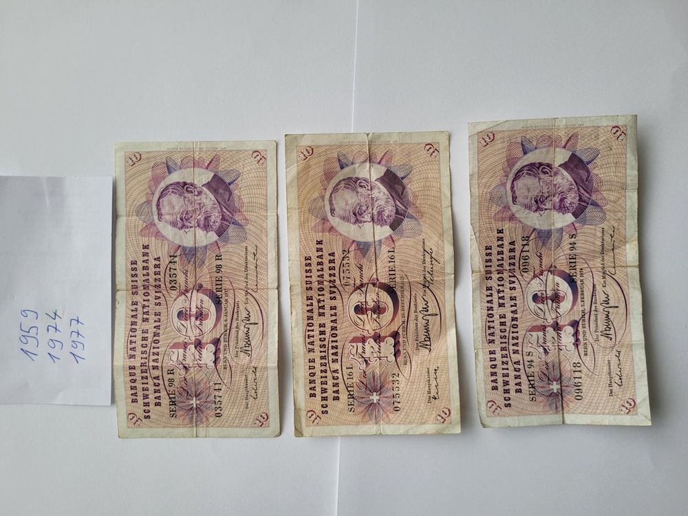 alte Zehnernote Schweizer 10 Fr Banknoten 1959 1974 1977 (Gebraucht) in Tobel für CHF 33 – mit ...