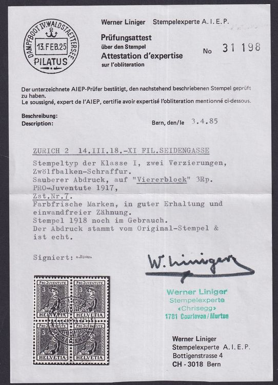 1917, J7 im sauberen Viererblock von ZÜRICH, Kat: 550.- +ATT (Gebraucht ...