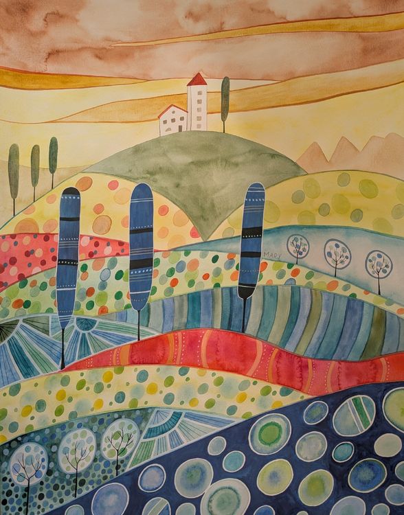 Original Aquarell moderne Toscana Hügellandschaft (Neu und originalverpackt) in Wittenbach für ...