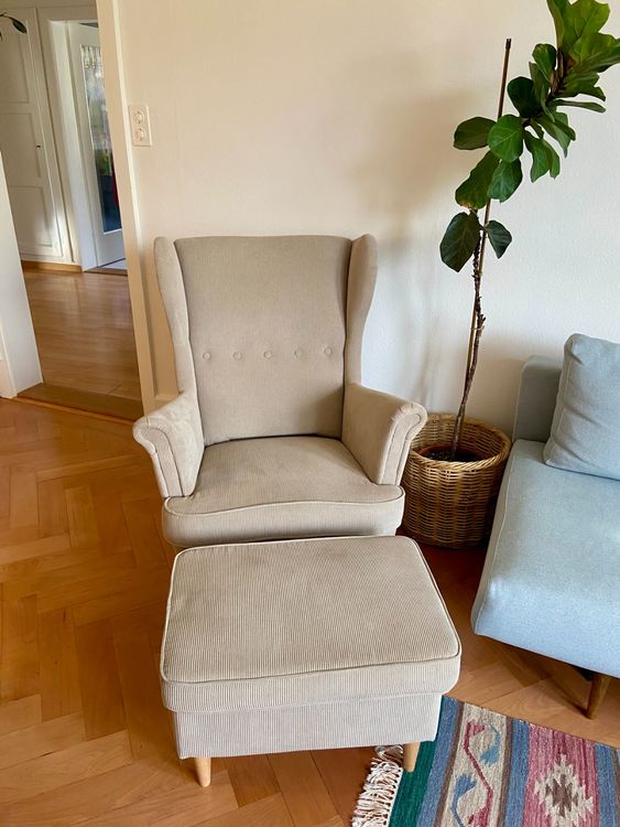 Ikea STRANDMON Sessel und Hocker, Kelinge beige (Gebraucht) in Mettmenstetten für CHF 180 – nur ...