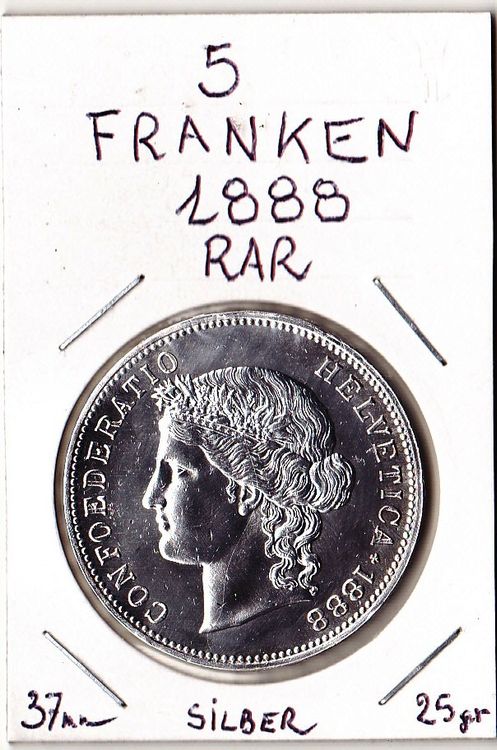 5 FRANKEN 1888 FRAUENKOPF SELTEN SILBER TOP ZUSTAND !!!!! (Neu und originalverpackt) in Aurigeno ...