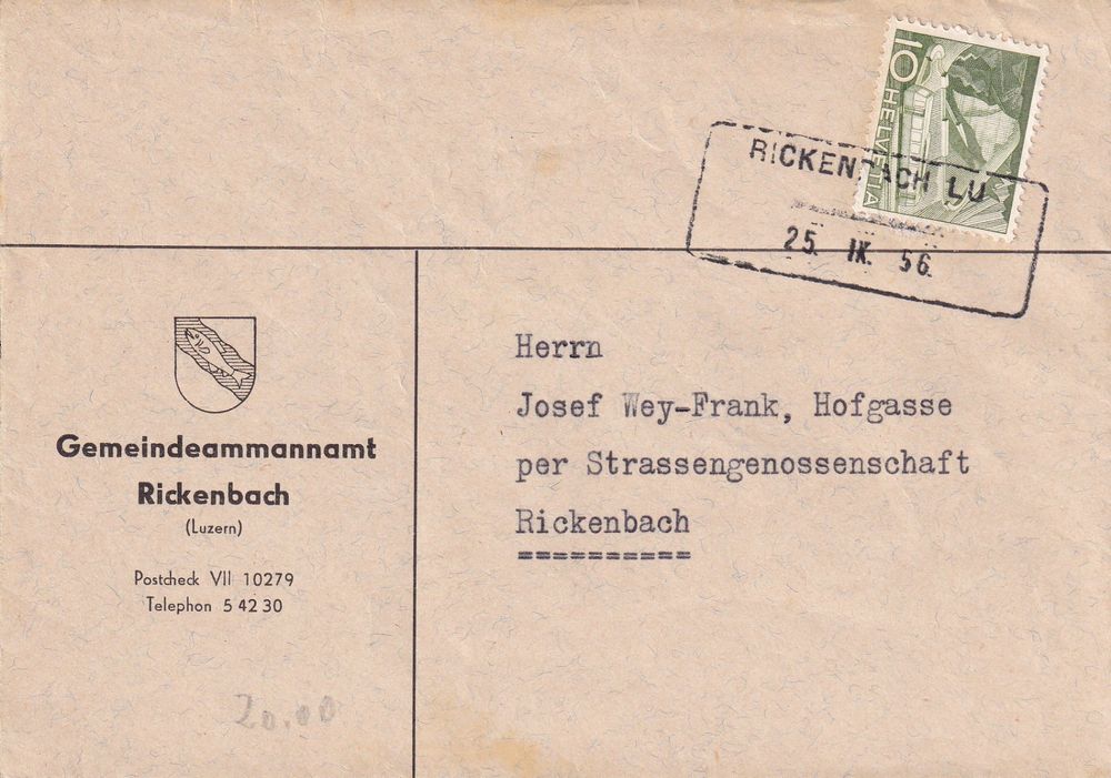 Rickenbach LU Aushilfstempel Amtlich Brief 1956 LU (Gebraucht) in Büren ...