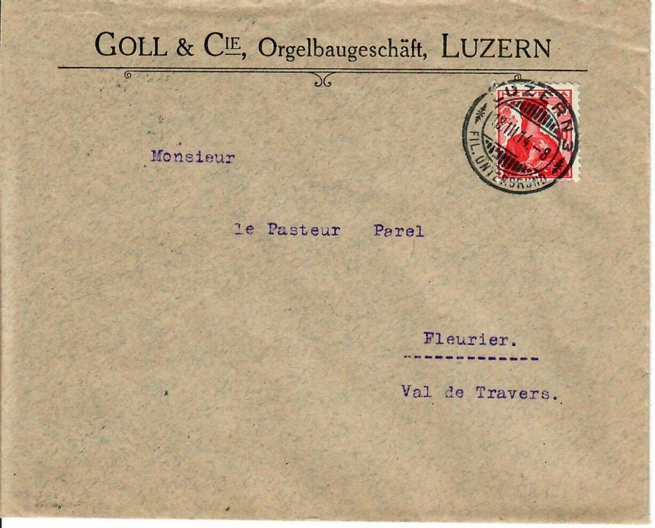 Brief, Goll & Cie. Orgelbaugeschäft Luzern 1914 (Gebraucht) in Hochdorf ...