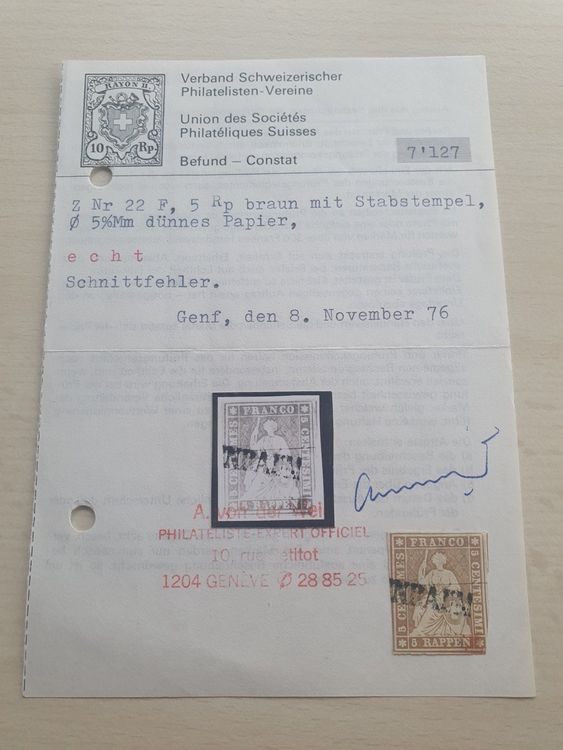Strubeli 22F, dünnes Papier, Stabsstempel, sig/Befund (Gebraucht) in Burgdorf für CHF 50 – mit ...