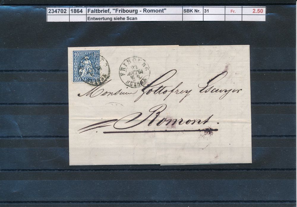 1864 Sitzende Helvetia - 10 Rp., SBK Nr. 31, "Faltbrief" (Gebraucht) in Winterthur für CHF 2.5 ...