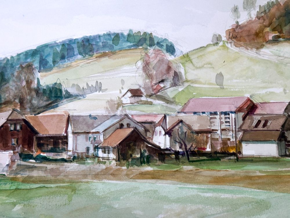 Christoph R. Aerni 1990 Aquarelle sur carton paysage village (Gebraucht) in Morges für CHF 100 ...