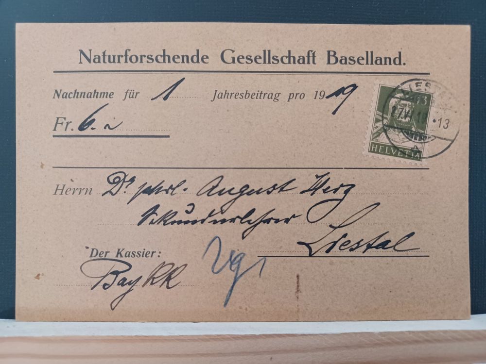 Naturforschende Gesellsch. Baselland, Liestal 1919 (Gebraucht) in Aarau Rohr für CHF 5 – mit ...