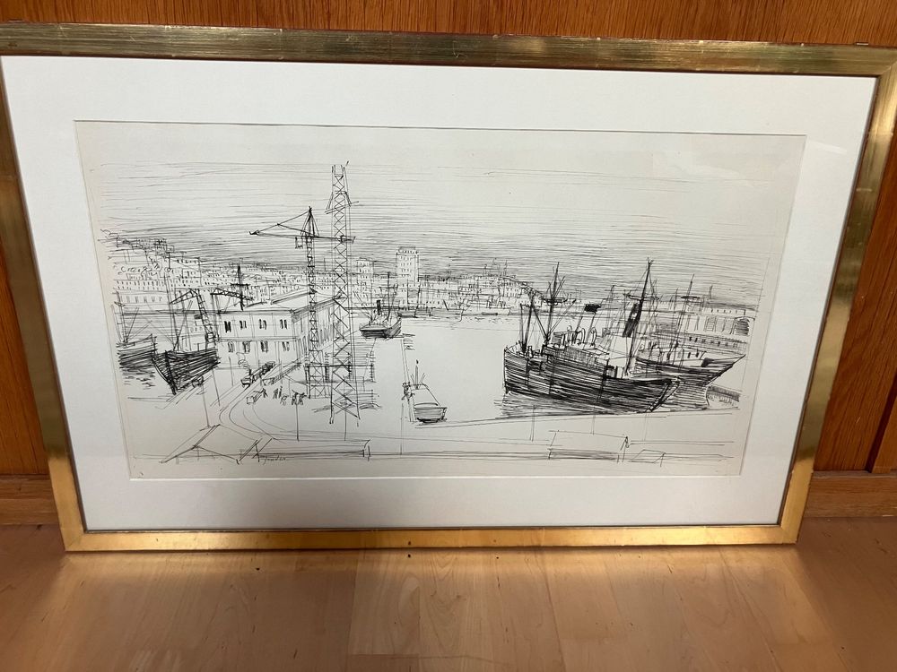 Gerahmte Tuschzeichnung, Hafen Genua, Rudolf Zender signiert | Kaufen auf Ricardo