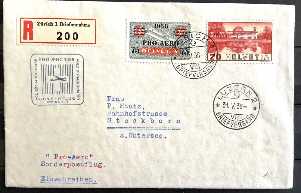 1938 Pro Aero Swissair Sonderflug R- Brief ZH - Steckborn (Neu (gemäss Beschreibung)) in Liestal ...