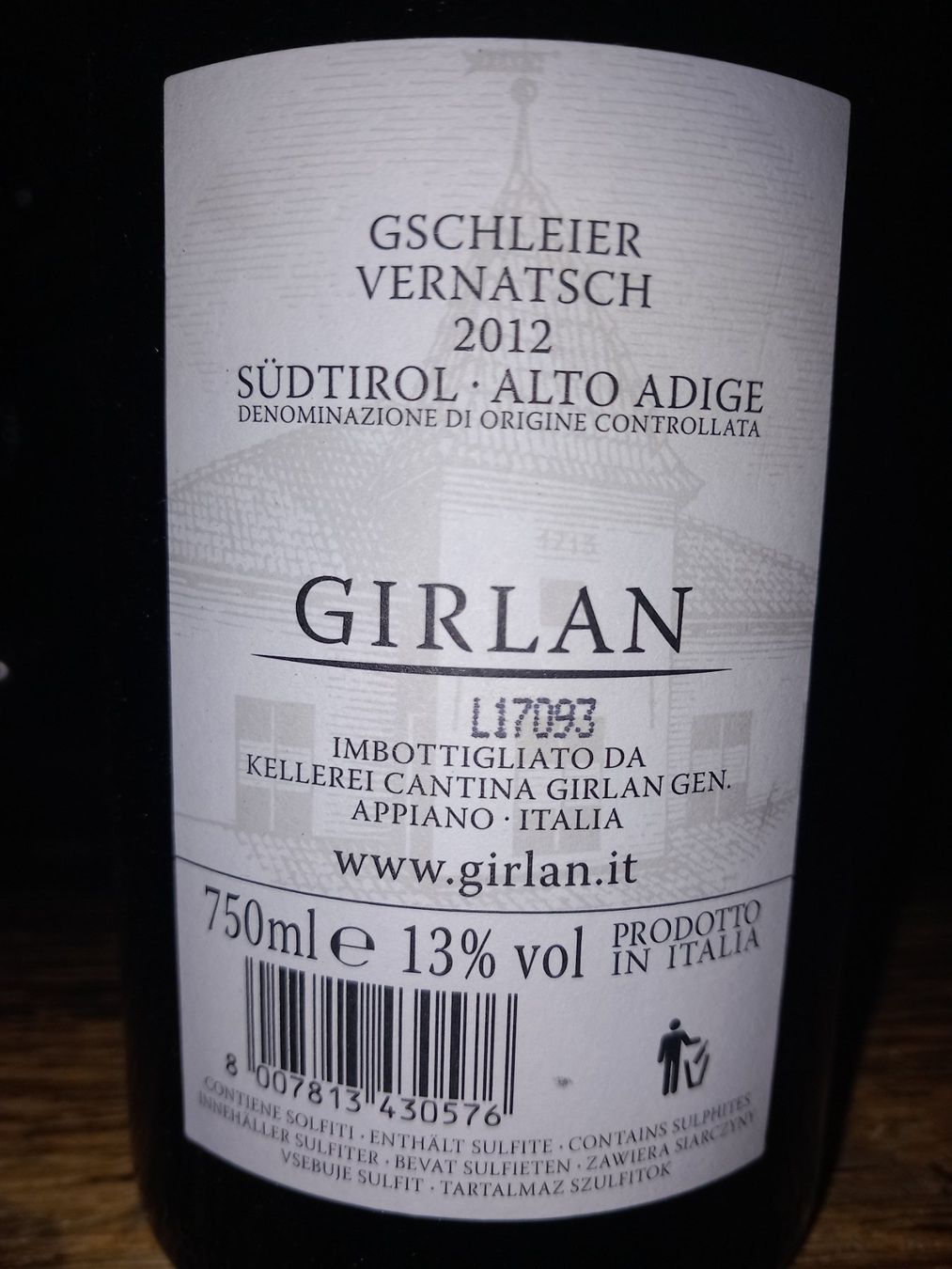Lot de 3 Girlan Gschleier Vernatsch alte reben 2012 (Neu (gemäss ...