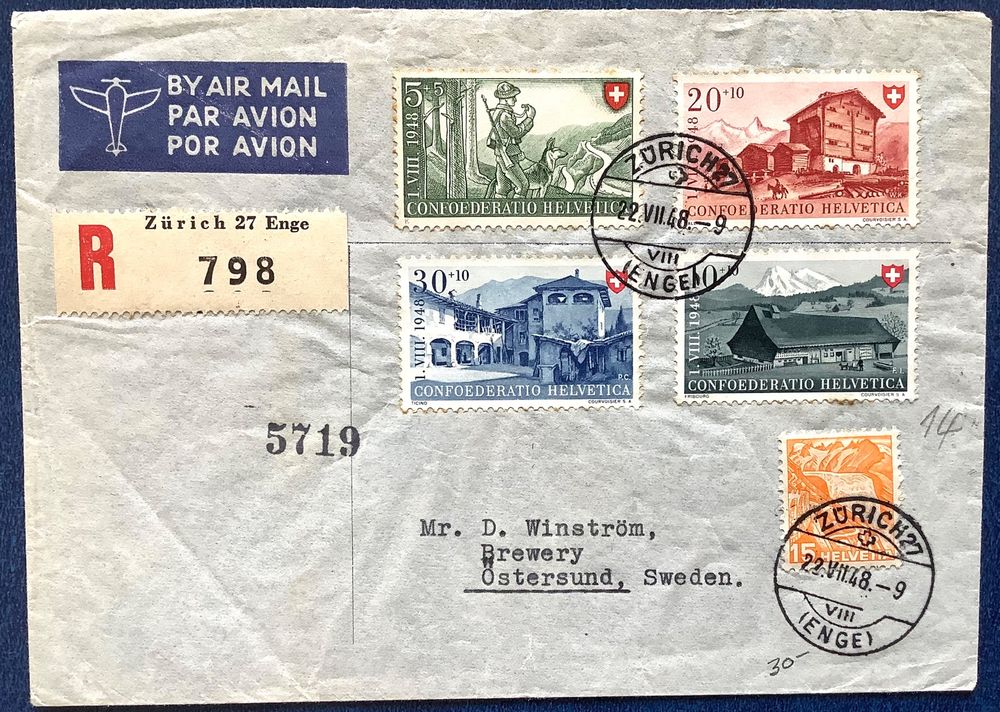 1948 Pro Patria R- Satzbrief - Flugpostbrief nach Schweden | Kaufen auf Ricardo