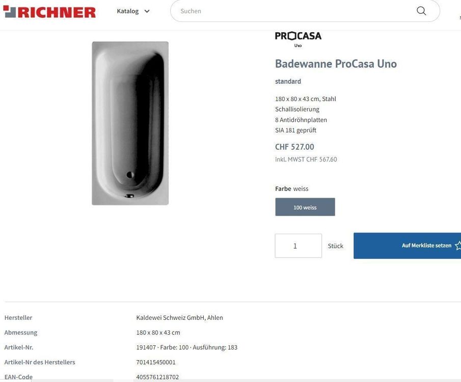 Badewanne ProCasa Uno 180x80x43cm Stahl weiss | Kaufen auf Ricardo