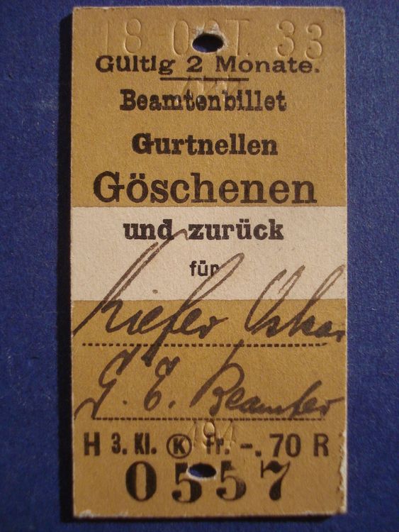 SBB - 18.10.1933 - GURTNELLEN - GÖSCHENEN - 3.Klasse (Gebraucht) in Biel/Bienne für CHF 22 – mit ...