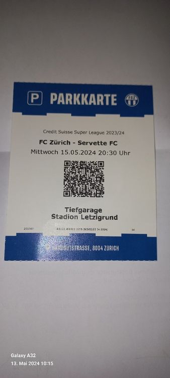 1 Parkkarte für das Spiel vom 15. Mai 2024 FCZ - Servette Ge (Neu ...