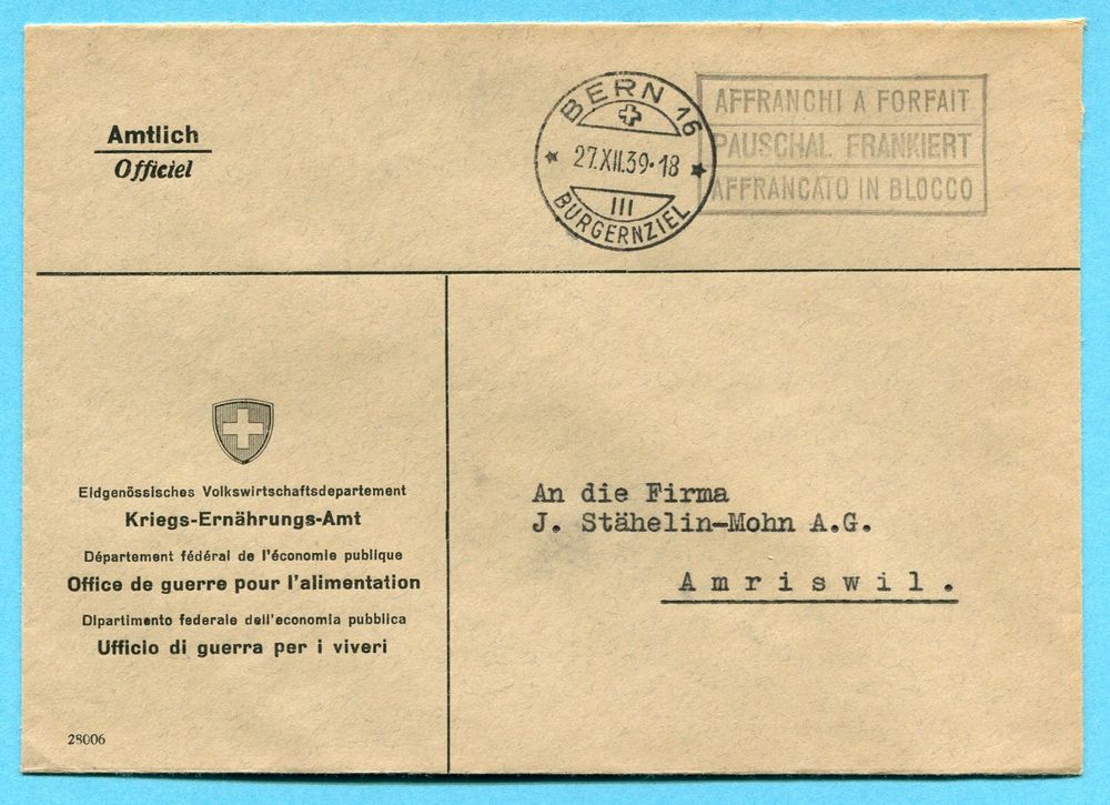 Brief Pauschal frankiert 1939 - Abs.: Kriegs-Ernährungs-Amt | Kaufen auf Ricardo