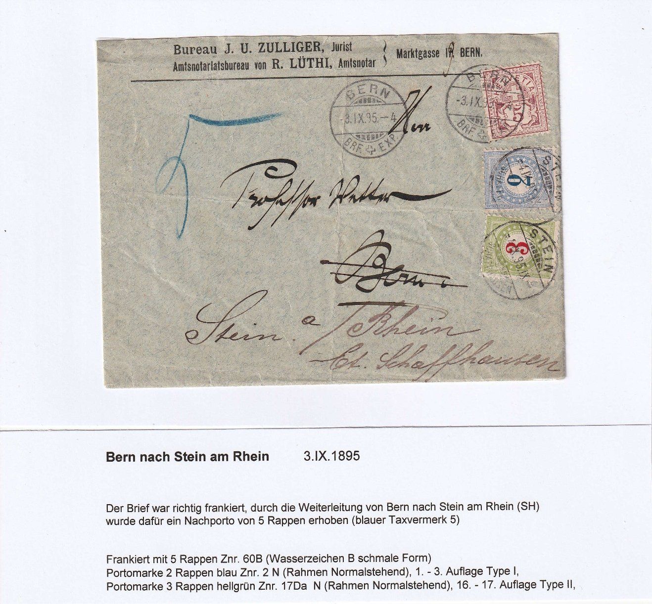 Brief Bern nach Stein am Rhein nachtaxiert 1895 (Gebraucht) in ...