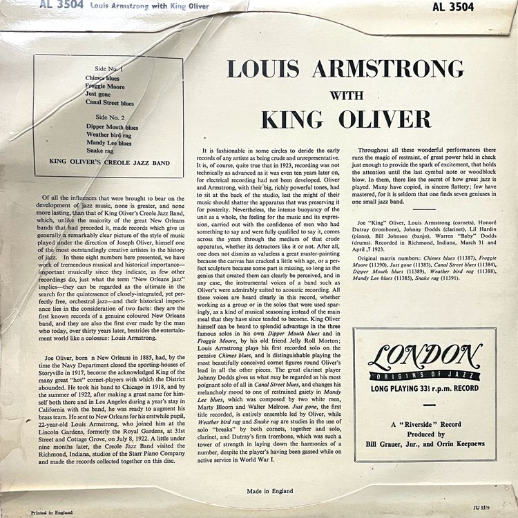 Louis Armstrong With King Oliver LP 10' - Same (Gebraucht) in Savagnier für CHF 8 – mit ...