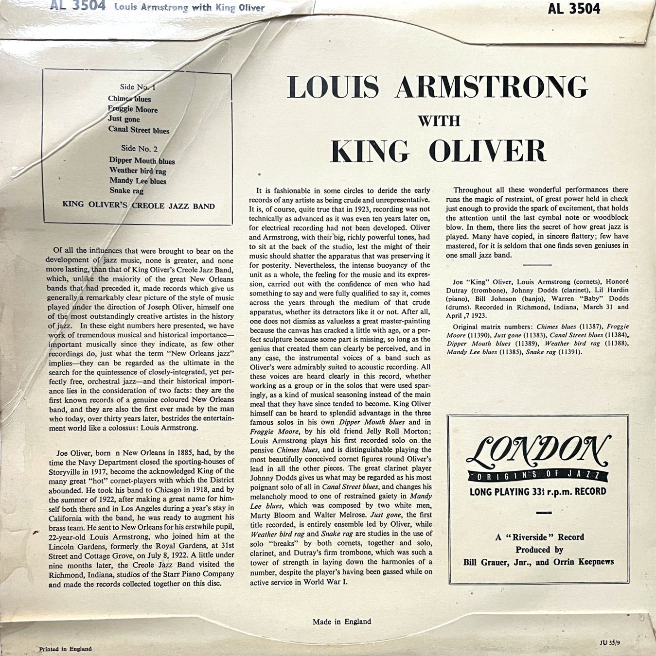 Louis Armstrong With King Oliver LP 10' - Same (Gebraucht) in Savagnier ...