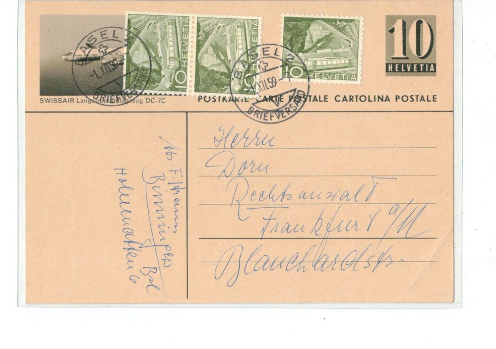 CH Ganzsache Bildpostkarte Swissair DC - 7C / o 1959 (Gebraucht) in ...