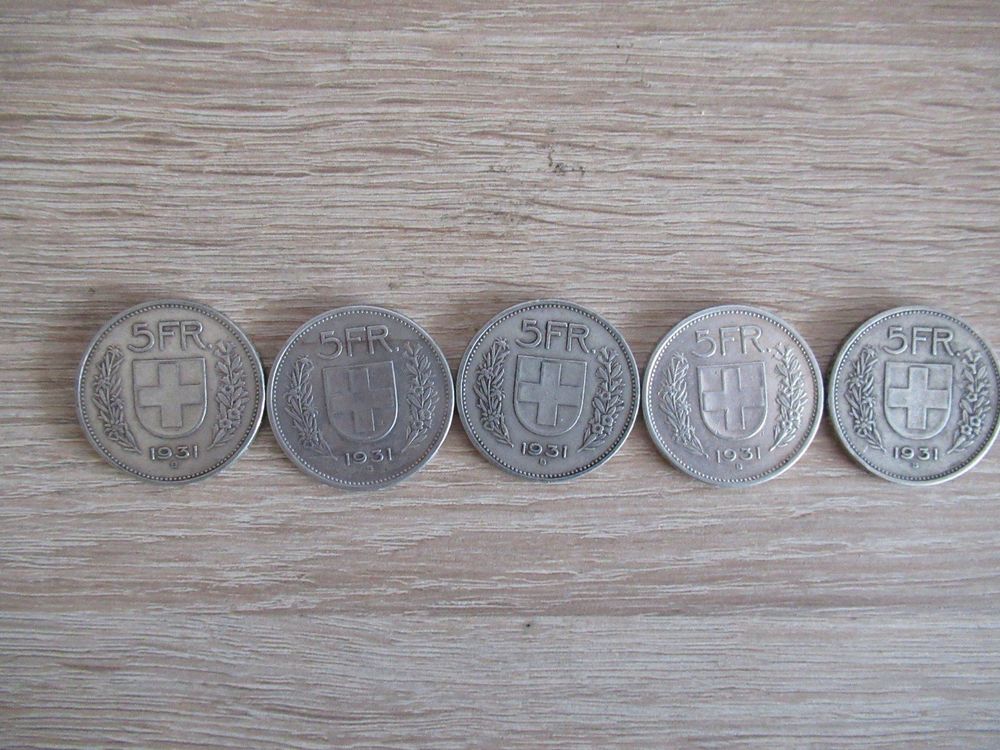 5 pièces de 5 CHF année 1931 (D'occasion) à YVORNE pour CHF 55 – avec ...