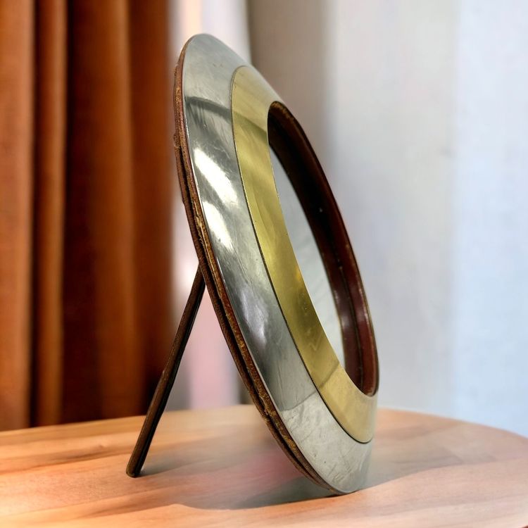 Cadre photo rond Art Déco en laiton, métal chromé et cuir (D'occasion ...