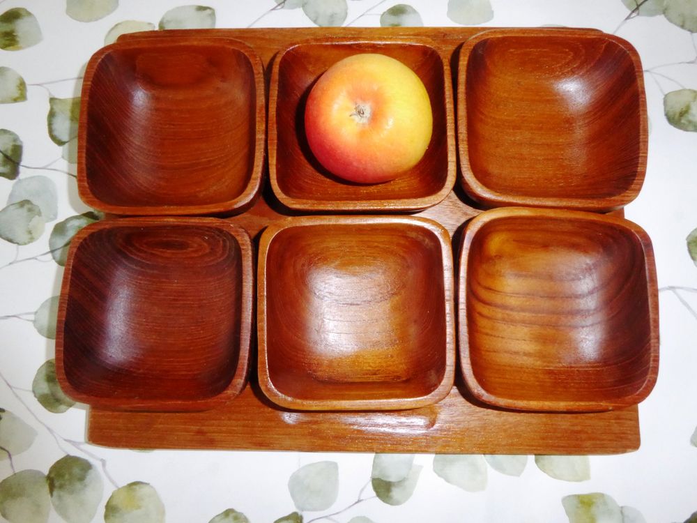 Teak Holz Tableau mit 6 Schalen für Apero usw. 70er J danish (Gebraucht ...