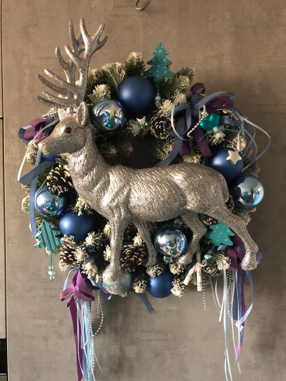 Türkranz Hirsch Silber Christbaumkugeln blau Weihnachtsdeko (Neu ...
