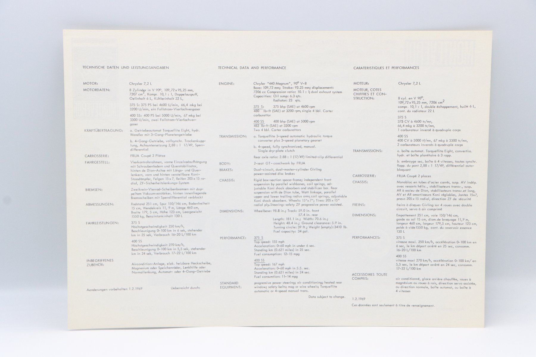 Monteverdi High Speed 375 S / 400 SS 1969 Prospektblatt (Gebraucht) in ...