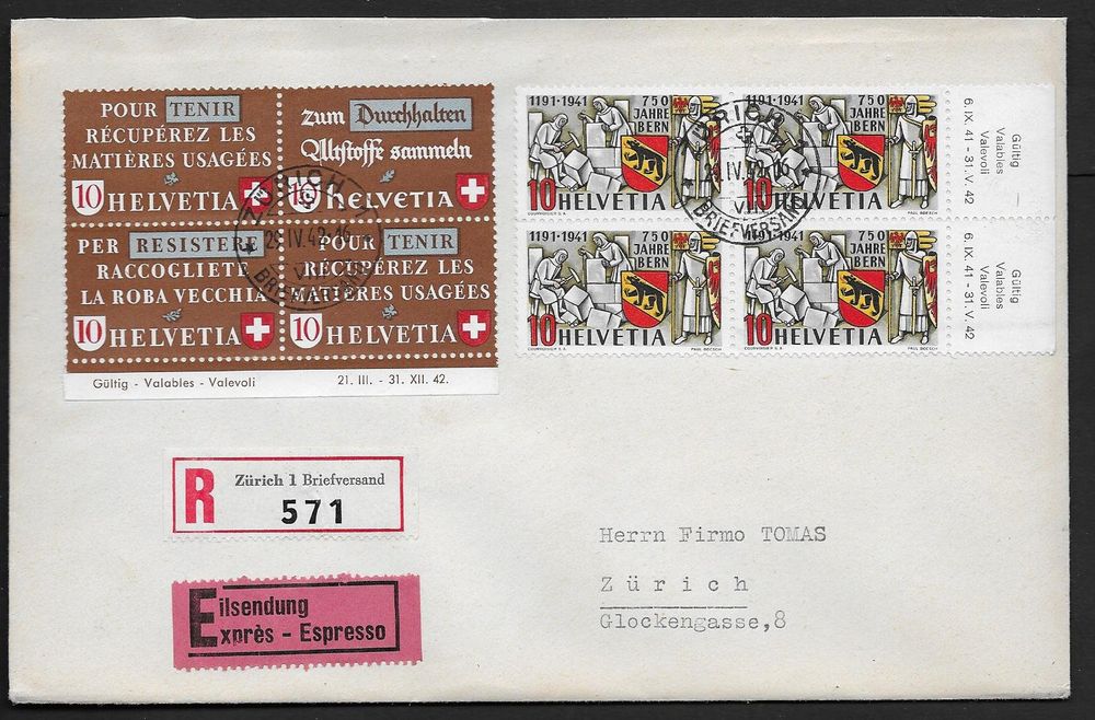 1942 R/Ex. Zürich Altstoff Viererblock 255III selten ab 1.- | Kaufen auf Ricardo