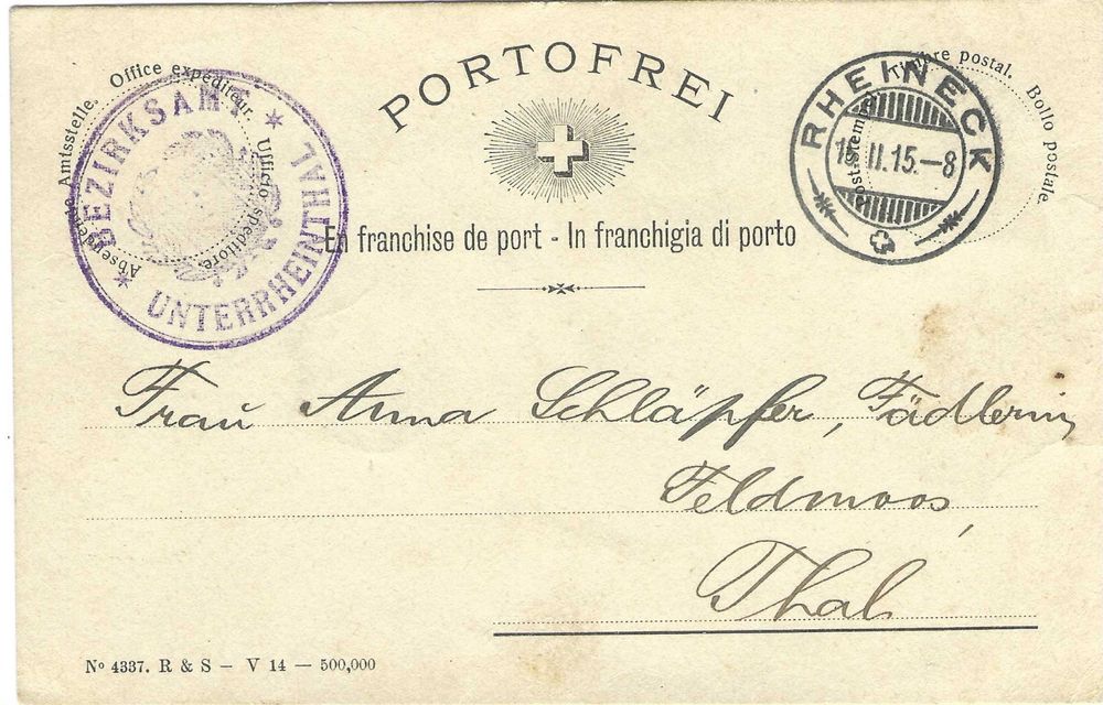 Portofrei Postkarte Rheineck-Thal 1915 (Gebraucht) in Wildhaus für CHF 3 – mit Lieferung auf ...