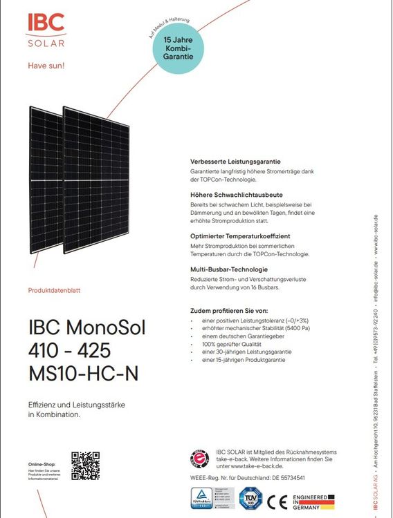 IBC MonoSol 425 MS10-HC-N [425Watt] Solarmodul (Neu (gemäss ...