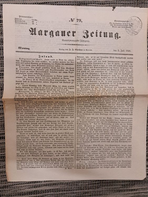 Aargauer Zeitung (3 Exemplare 1847/48) (Gebraucht) in Kuessnacht am ...