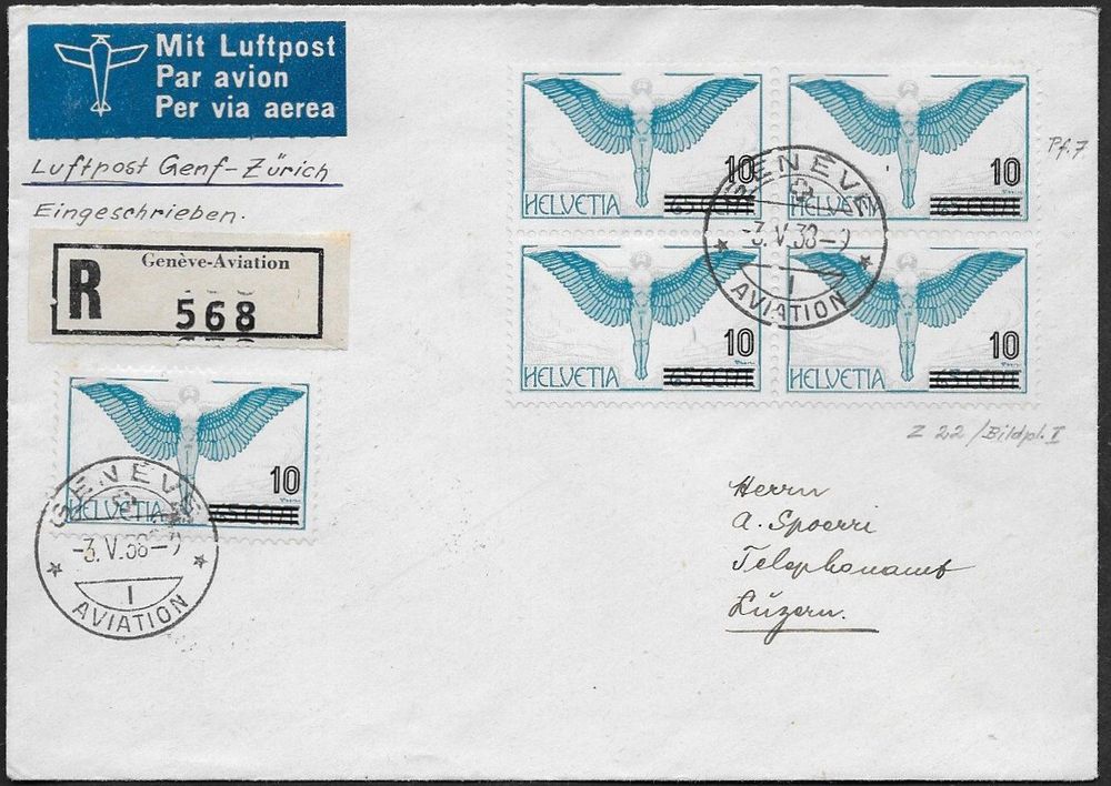1938 Luftpost R/Brief GENÈVE-ZH Mehrfachfrankatur top ab 1.- (Gebraucht) in Zürich für CHF 5 ...