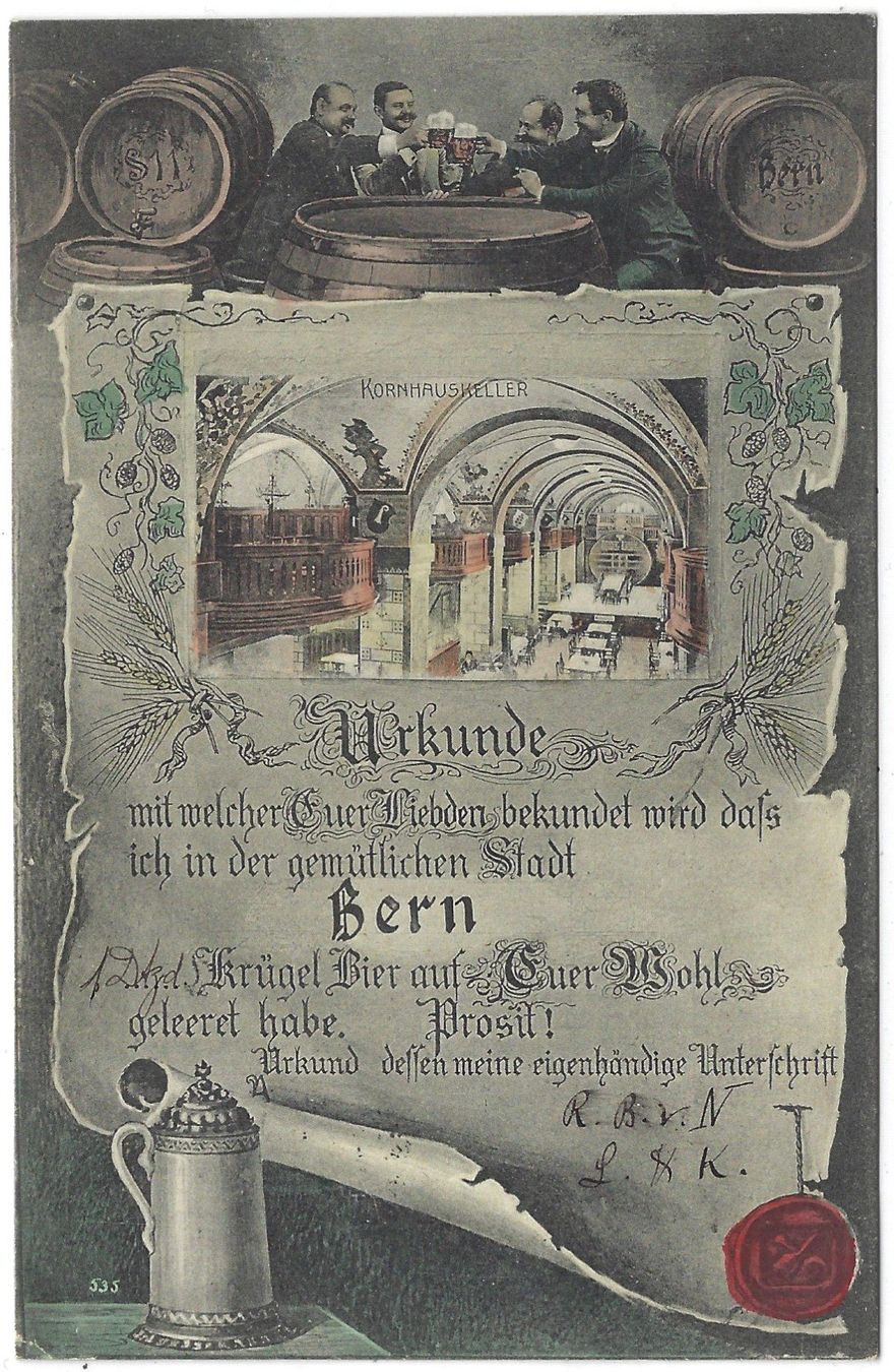 KORNHAUSKELLER BERN - URKUNDE - anstossende Biertrinker (Gebraucht) in ...