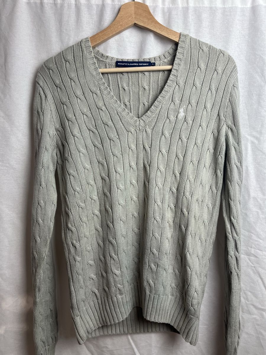 Pull Ralph Lauren vert clair/blanc clair tressé col V (Neu (gemäss ...