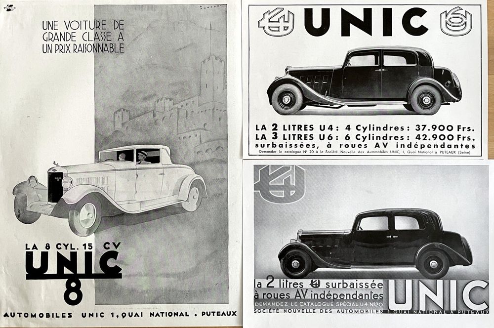 Unic Cars - 3 Alte Werbungen / Anciennes publicités 1931/34 (Gebraucht ...