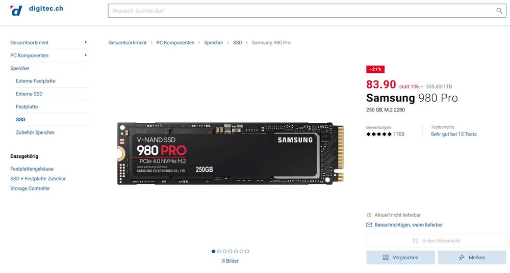 Samsung 980 PRO V-NAND SSD 250 GB NVMe M.2 SSD (PCIe 4.0) (Gebraucht ...