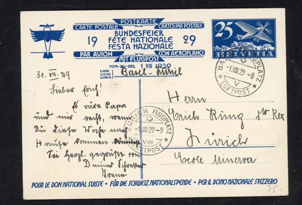 Flugpost 1929, SF 29.3a Bundesfeierkarte mit Basel-Zürich | Kaufen auf ...