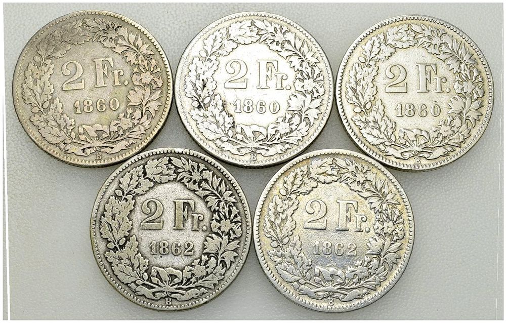 5 x 2 Franken 1860 bzw. 1862, sitzende Helvetia (Gebraucht) in Bern für CHF 148 – mit Lieferung ...