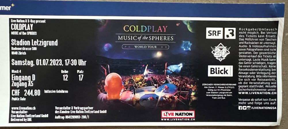1 Ticket Coldplay 1. July 23 Letzigrund (Neu und originalverpackt) in Zürich für CHF 355 – mit ...