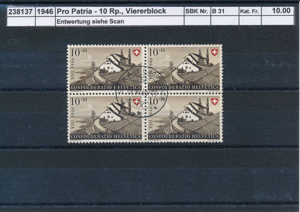 1946 Pro Patria - 10 Rp., Viererblock (Gebraucht) in Winterthur für CHF 1.5 – mit Lieferung auf ...