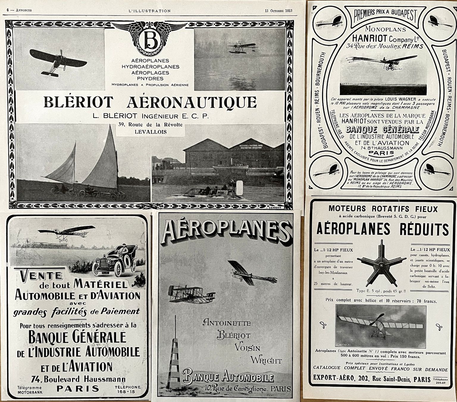 Blériot Flugzeuge usw. - 5 alte Werbungen / Réclames 1909/13 (Gebraucht ...