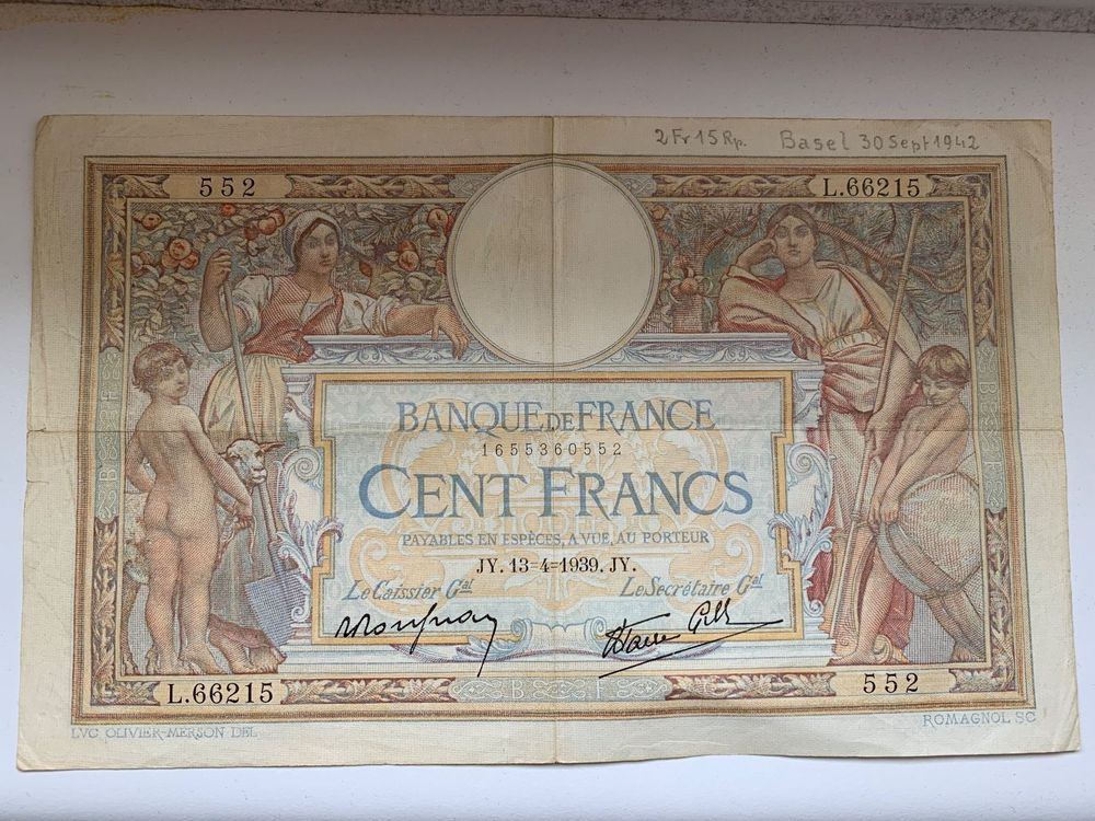 Francs Banknote, 100 Francs / 1939 (Gebraucht) in Diepoldsau für CHF 5 – mit Lieferung auf ...