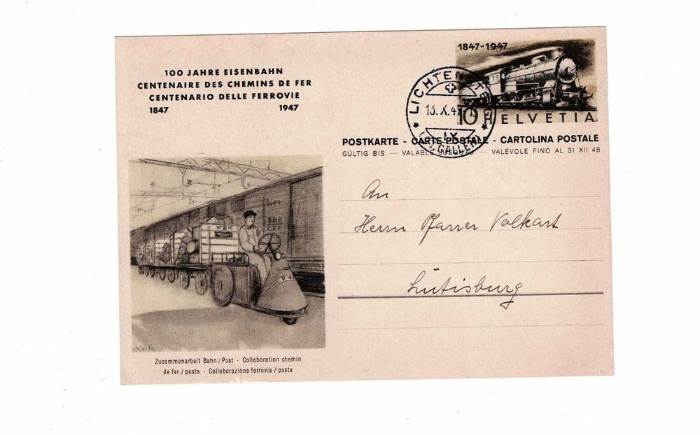 Alte Postkarte 100 Jahre Eisenbahn Schweiz 1947 frankiert (Gebraucht) in Lienz für CHF 5 – mit ...