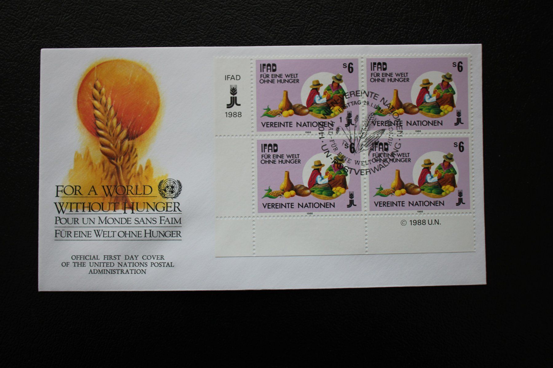 UNO WIEN 1988 FDC - FÜR EINE WELT OHNE HUNGER - VIERERBLOCK (Gebraucht ...