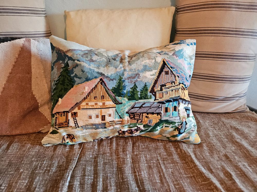 Grand coussin neuf canevas vintage scene de montage (Neuf avec ...